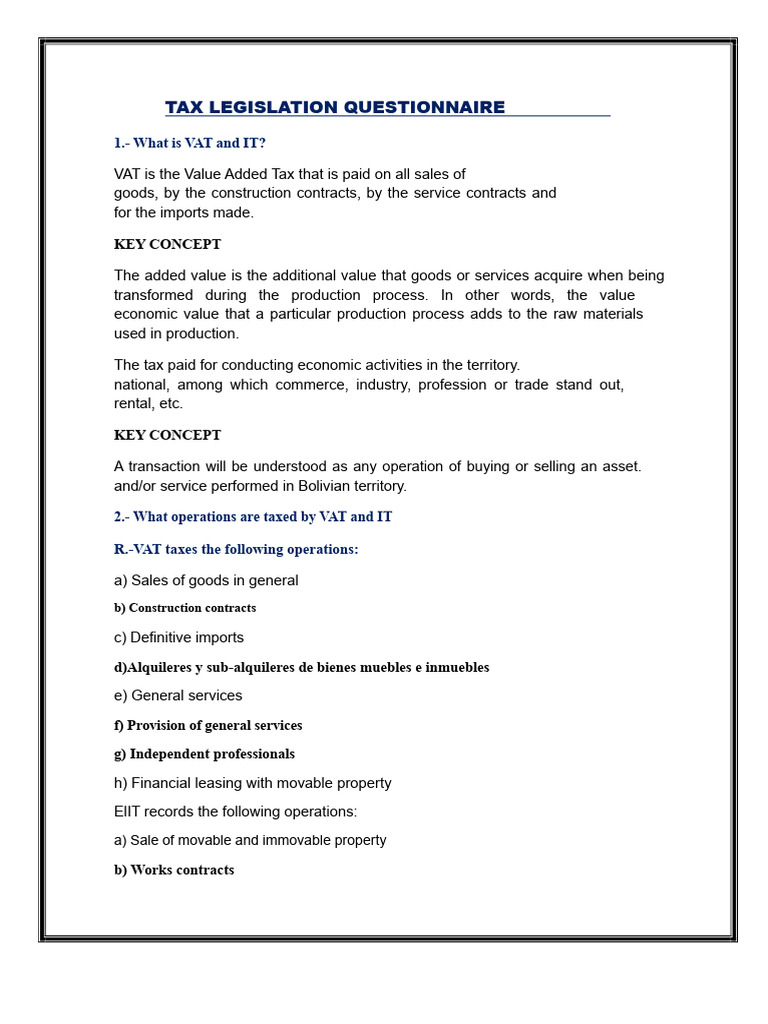 Tax Legislation Questionnaire | PDF | Taxes | Value Added Tax