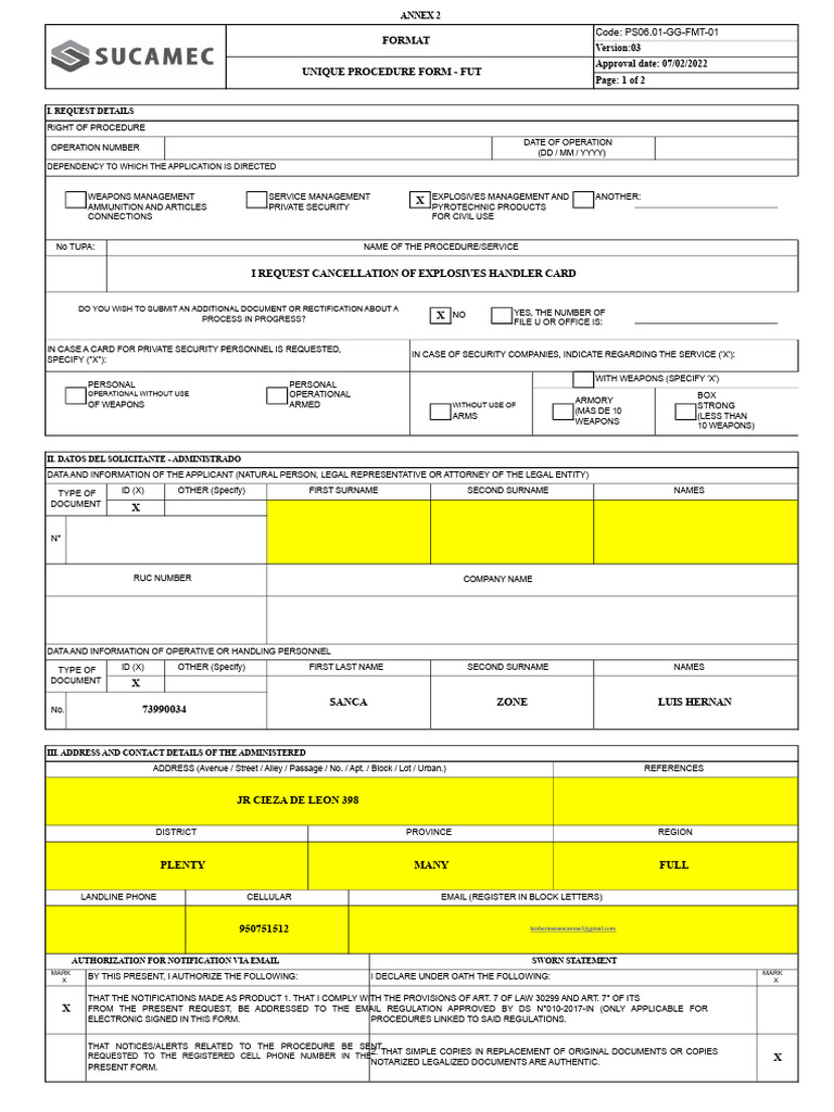 01 FUT - Request For Cancellation of Explosives Handler Card | PDF ...