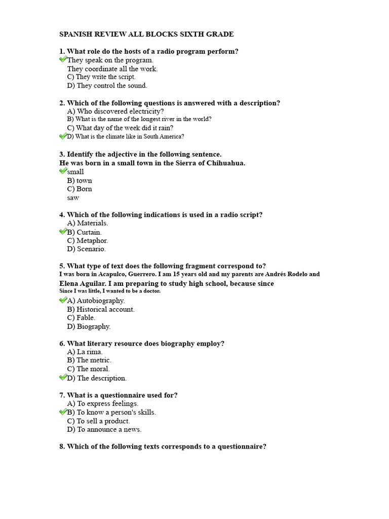 Spanish Review All Blocks Sixth Grade | PDF | Poetry | Rhyme