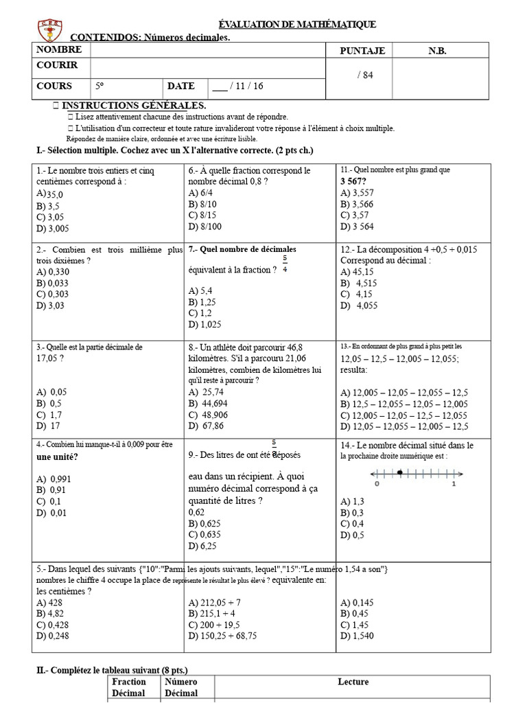 Test Des Nombres Décimaux 5° | PDF | Mathématiques élémentaires | Nombre