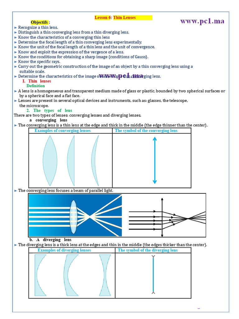 Lesson 6 Thin Lenses Prof. Elmassaoudy (WWW - Pc1.ma) | PDF | Optics ...
