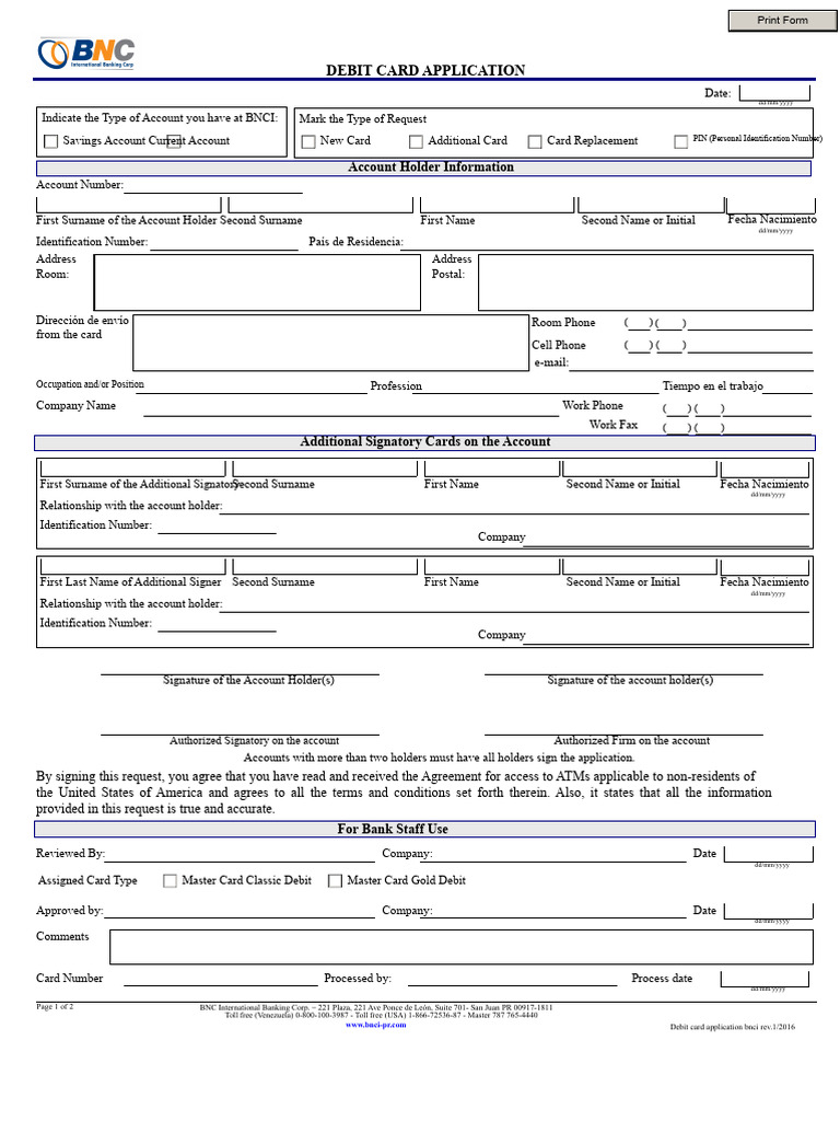 BNCI Debit Card Application Form | PDF | Banks | Credit Card