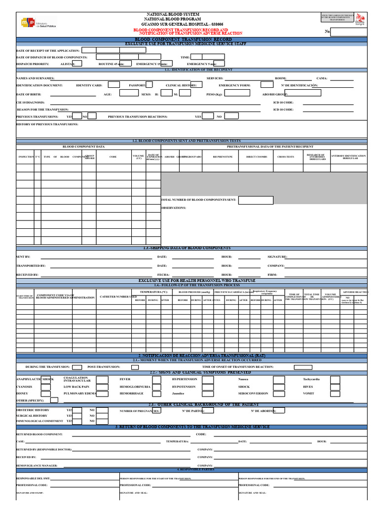 Blood Transfusion Record Template | PDF | Blood Type | Blood Transfusion