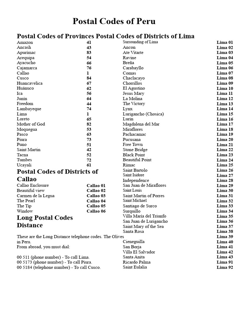 Postal Codes of Peru | PDF | Lima