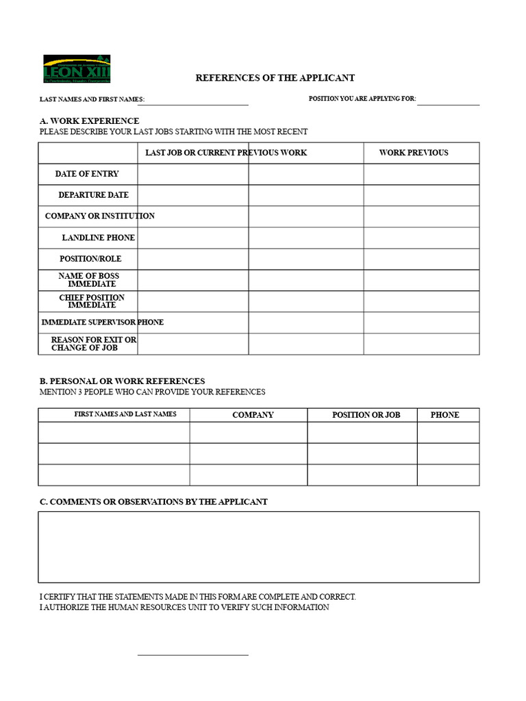 Applicant Reference Form Template | PDF