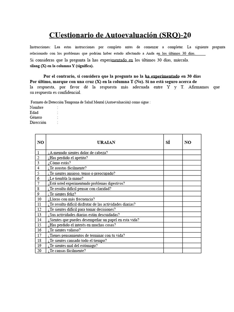 SRQ 20 | PDF | Salud mental | Trastorno mental