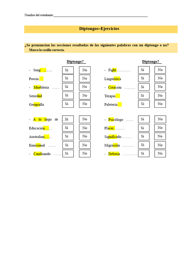 Diptongos - Ejercicios | PDF