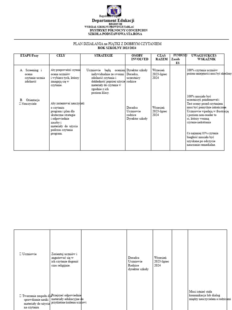 2023 2024 STA ROSA Plan Działania W Sprawie Czytania Catch Up Fridays - JULIE | PDF