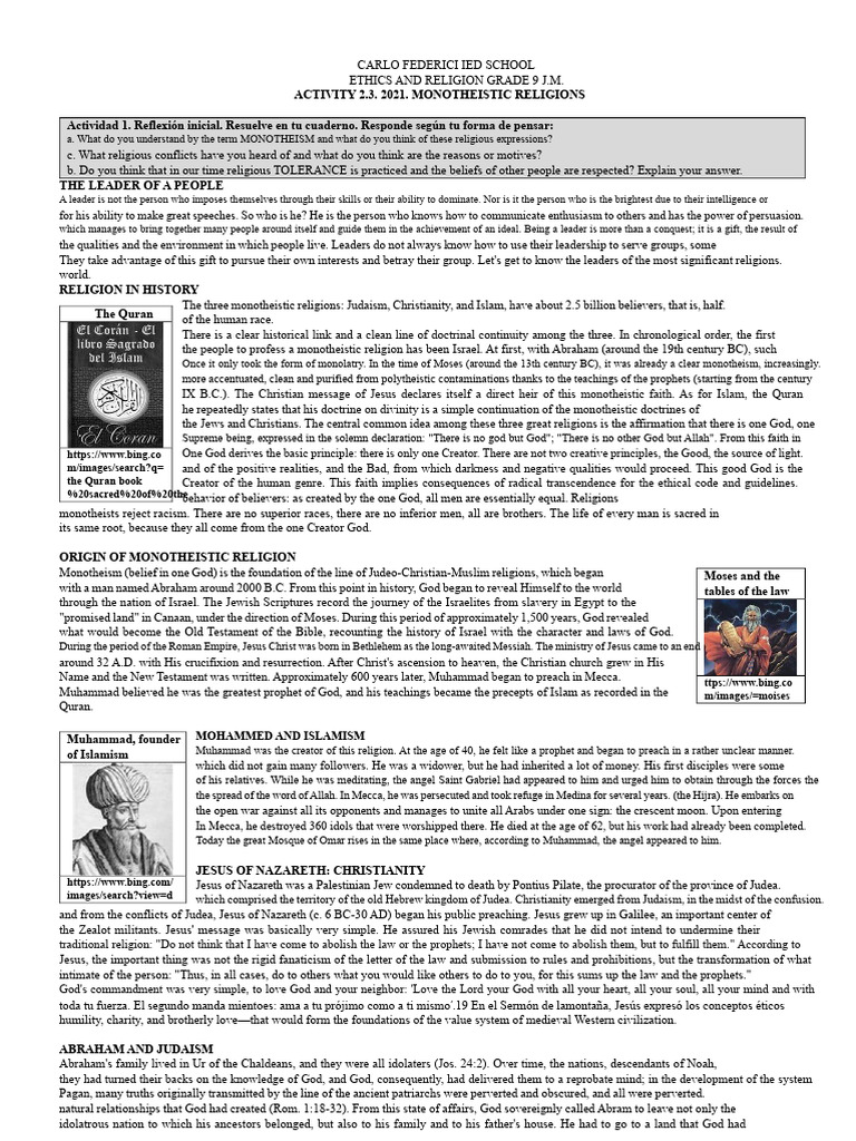 Activity 2.3 Ethics Religion Grade 9° J.M. Monotheistic Religions | PDF ...