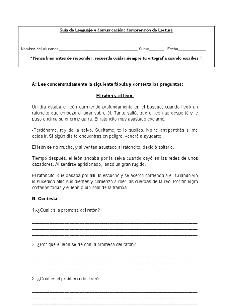 comprensión de lectura león y el ratón