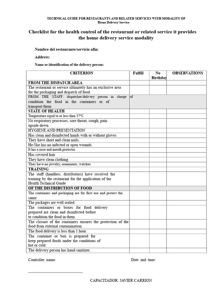 Checklist For Health Control Delivery For Restaurants - Original PDF | PDF