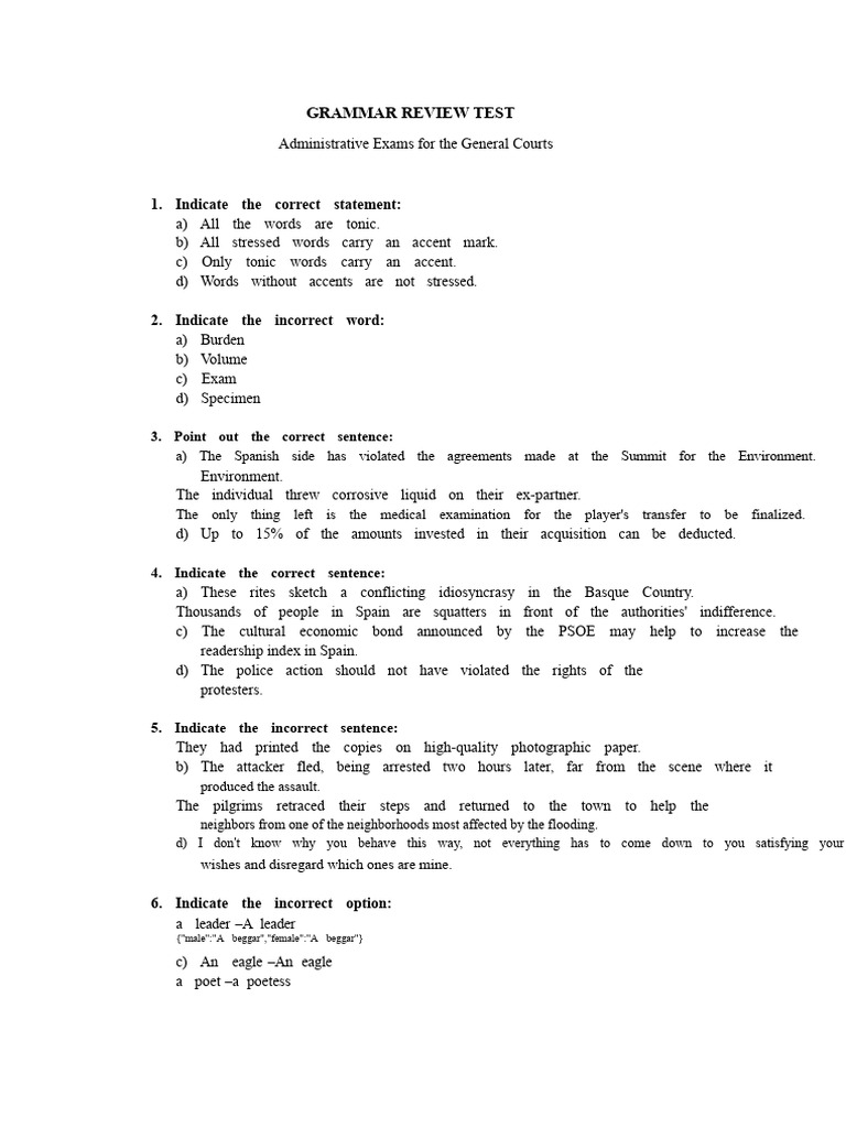 Grammar Review Test | PDF