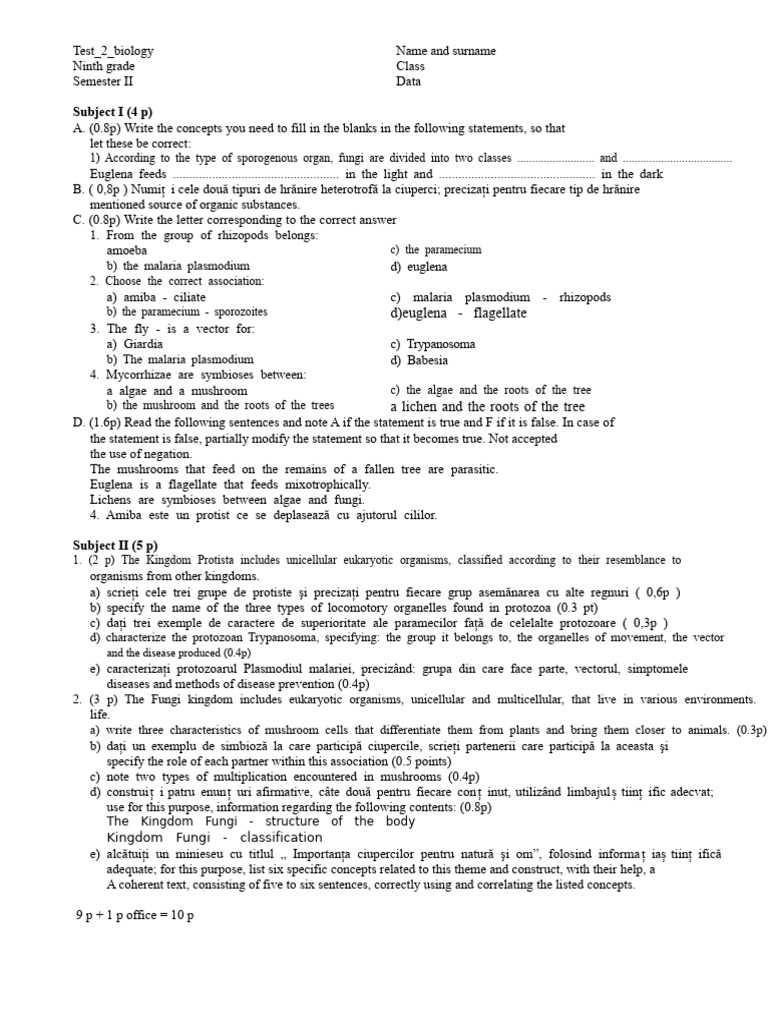 Biology Test - Grade IX - The Kingdom Protista and Fungi | PDF ...