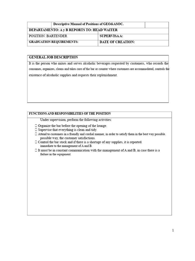 JOB DESCRIPTION Bartender | PDF | Bartender