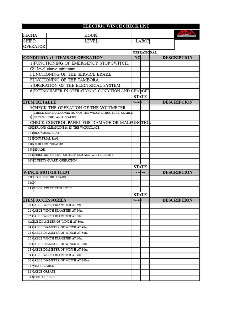 Check List Electric Winch V01 | PDF