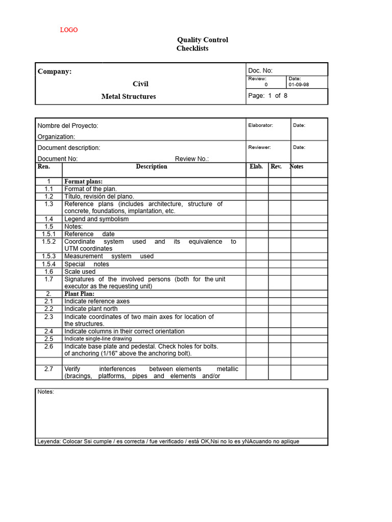 Checklist. Metal Structures. | PDF