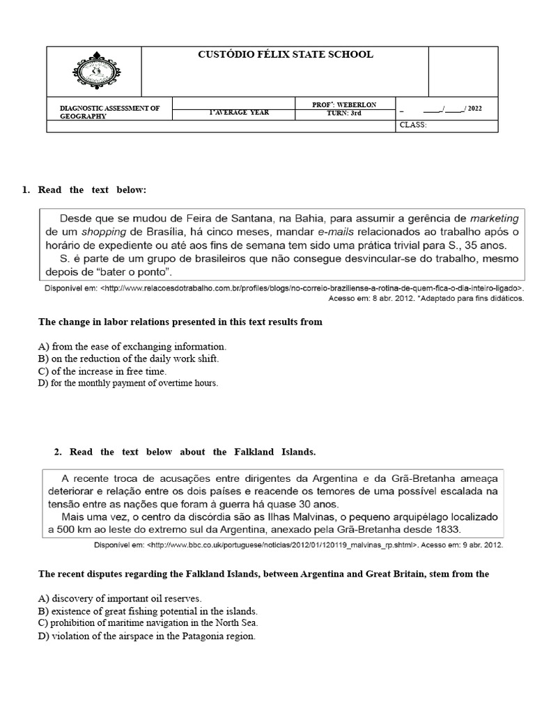 Diagnostic Assessment Geography 1st Year High School | PDF ...