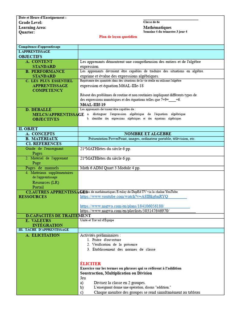 Plan de leçon : Algèbre en 6e année | PDF | Algèbre | Apprentissage