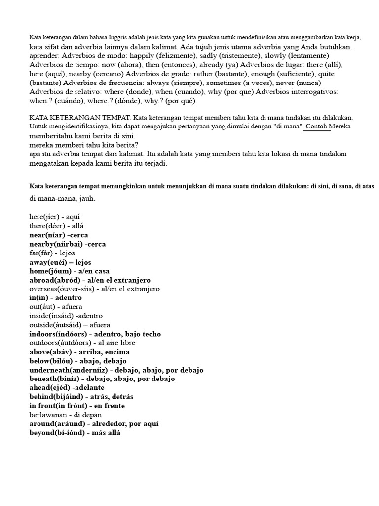 Kata Keterangan Tempat Dalam Bahasa Inggris | PDF