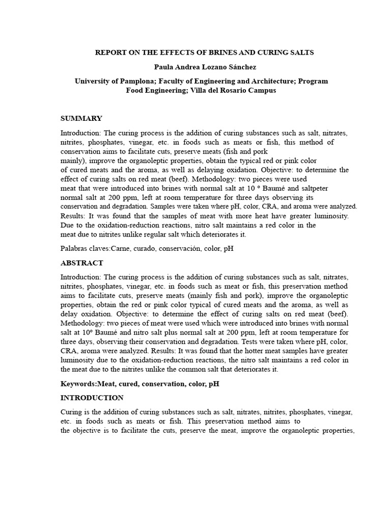 Brine Report | PDF | Curing (Food Preservation) | Nitrite