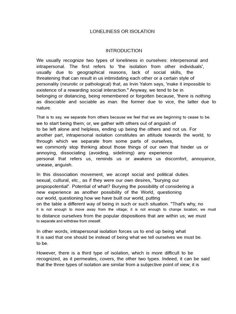 Loneliness or Isolation. Introduction | PDF | Truth | Loneliness