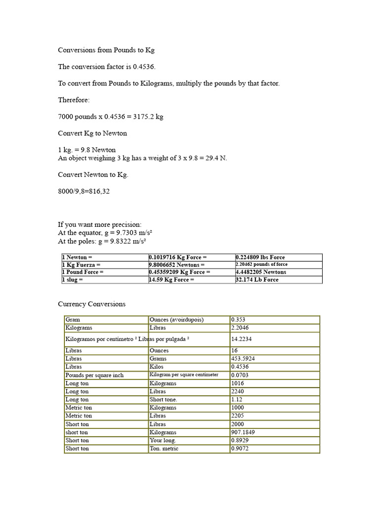 Conversions From Pounds To KG & Newtons To Kg. | PDF | Pound (Mass ...