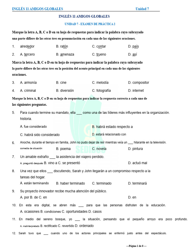 Inglés 11 Amigos Global - Unidad 7 - Prueba 2 | PDF | Renacimiento ...