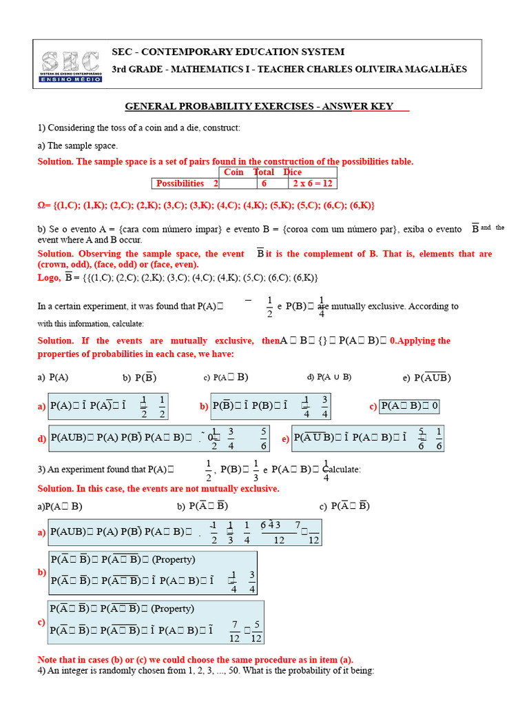 PROBABILITY EXERCISES 3 ANSWER KEY | PDF | Probability | Probability Theory