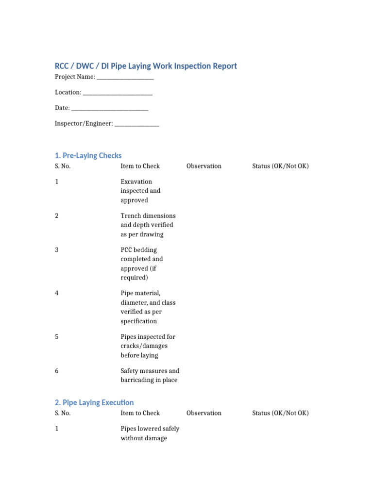 RCC DEC DI Pipe Laying Inspection Report | PDF | Pipe (Fluid Conveyance) | Mechanical Engineering