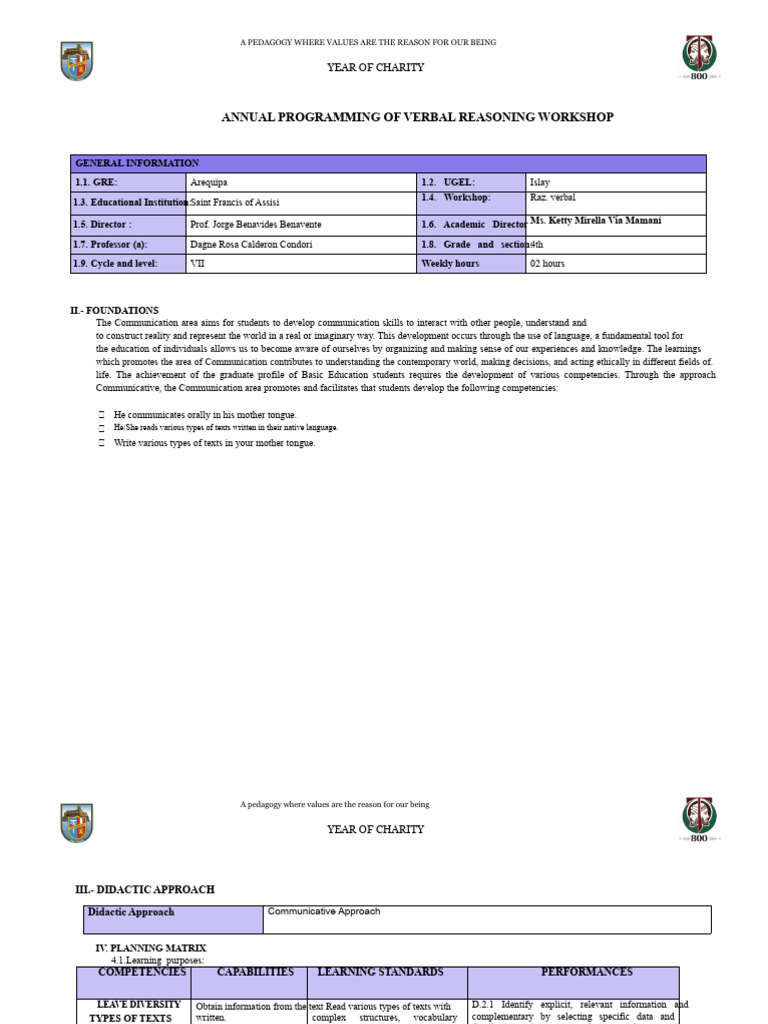 Annual Programming of Verbal Reasoning Workshop Fourth | PDF | Teachers | Information