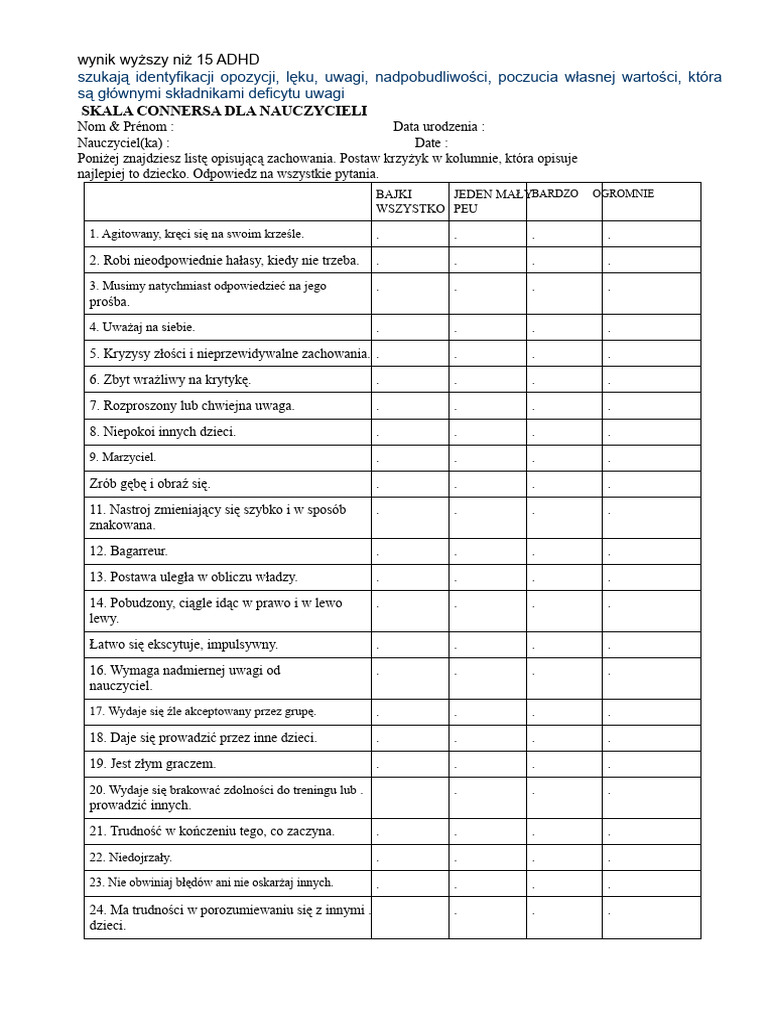 Skala Conners Nauczycieli Z Komentarzami 1 | PDF