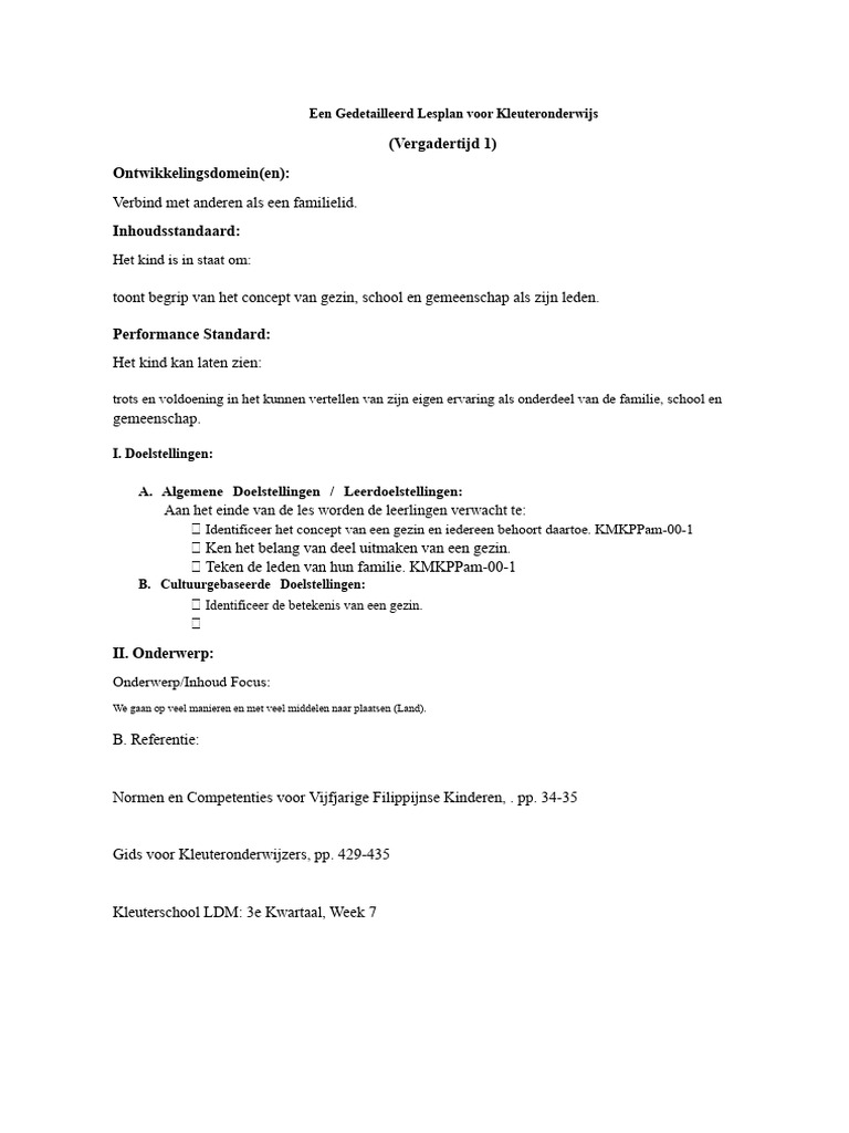 Een Gedetailleerd Lesplan Voor de Kleuterschool. | PDF