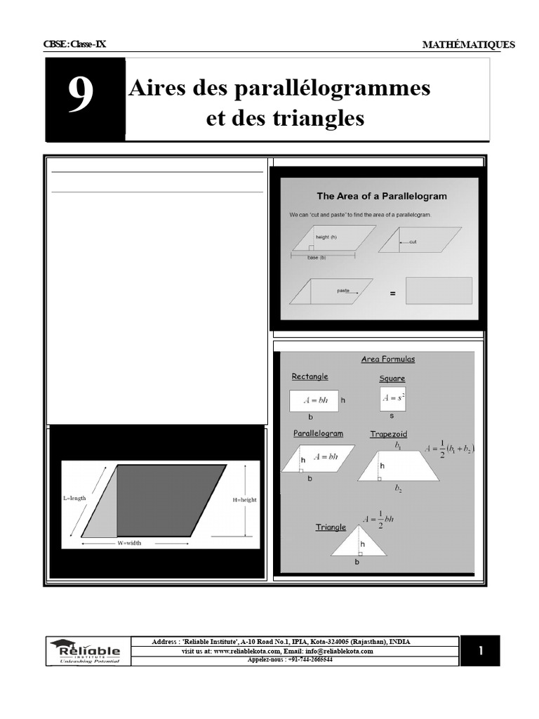 Maths - 9. Aire Du Parallélogramme Et Des Triangles | PDF | Zone | Polygone