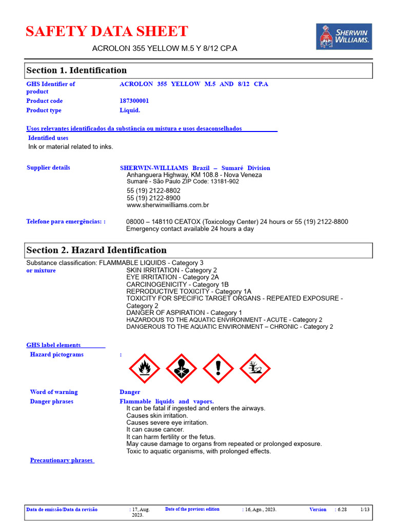 Acrolon 355 Yellow Sherwin William | PDF | Toxicity | Waste Management
