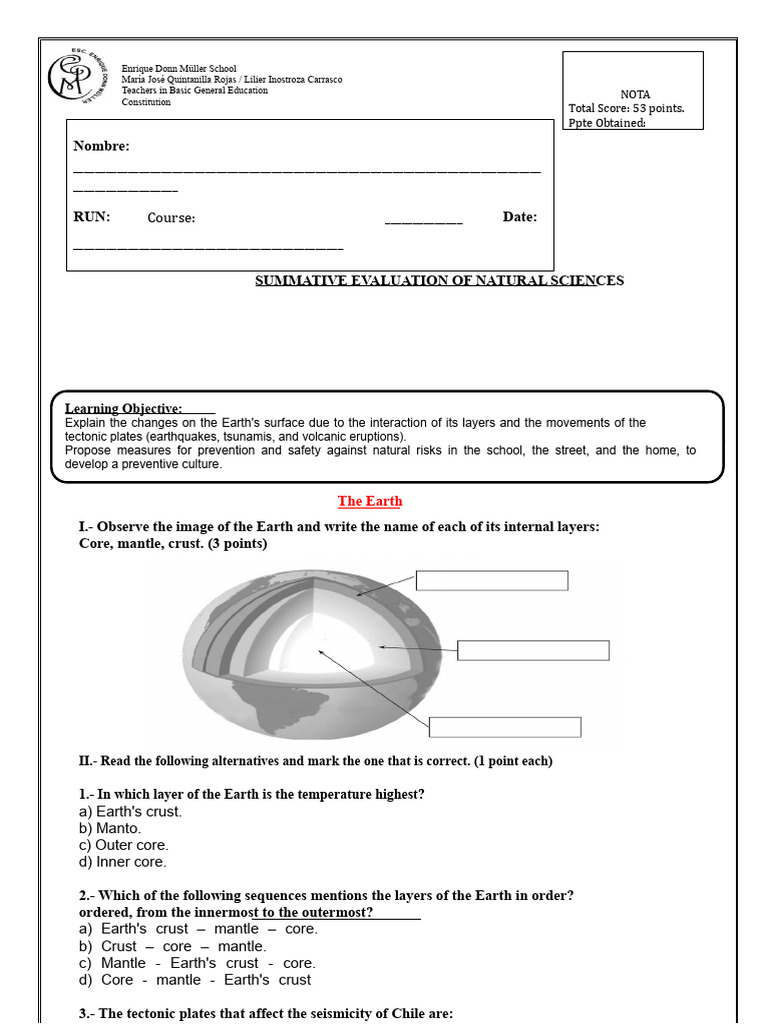 4th Grade Science Assessment Earth Layers | PDF | Earthquakes | Earth