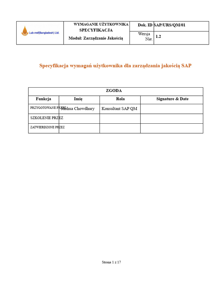 Specyfikacja wymagań użytkownika dla SAP Zarządzanie Jakością V_2_Lub-Reff_25.03.21_MOHUA | PDF