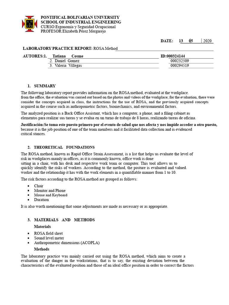 ROSA Method Ergonomic Assessment Report | PDF | Chair