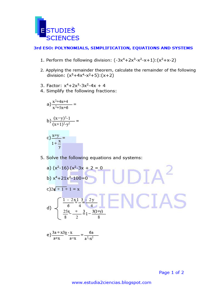 Polynomial Equations Exam 3rd Year of Secondary Education | PDF