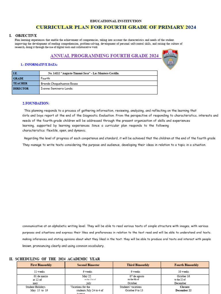 Fourth Grade Curriculum Plan 2024 | PDF