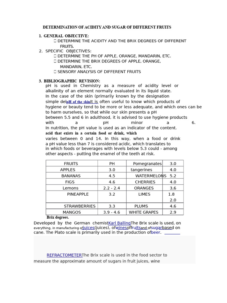Determination of Acidity and Sugar of Different Fruits | PDF | Ph ...