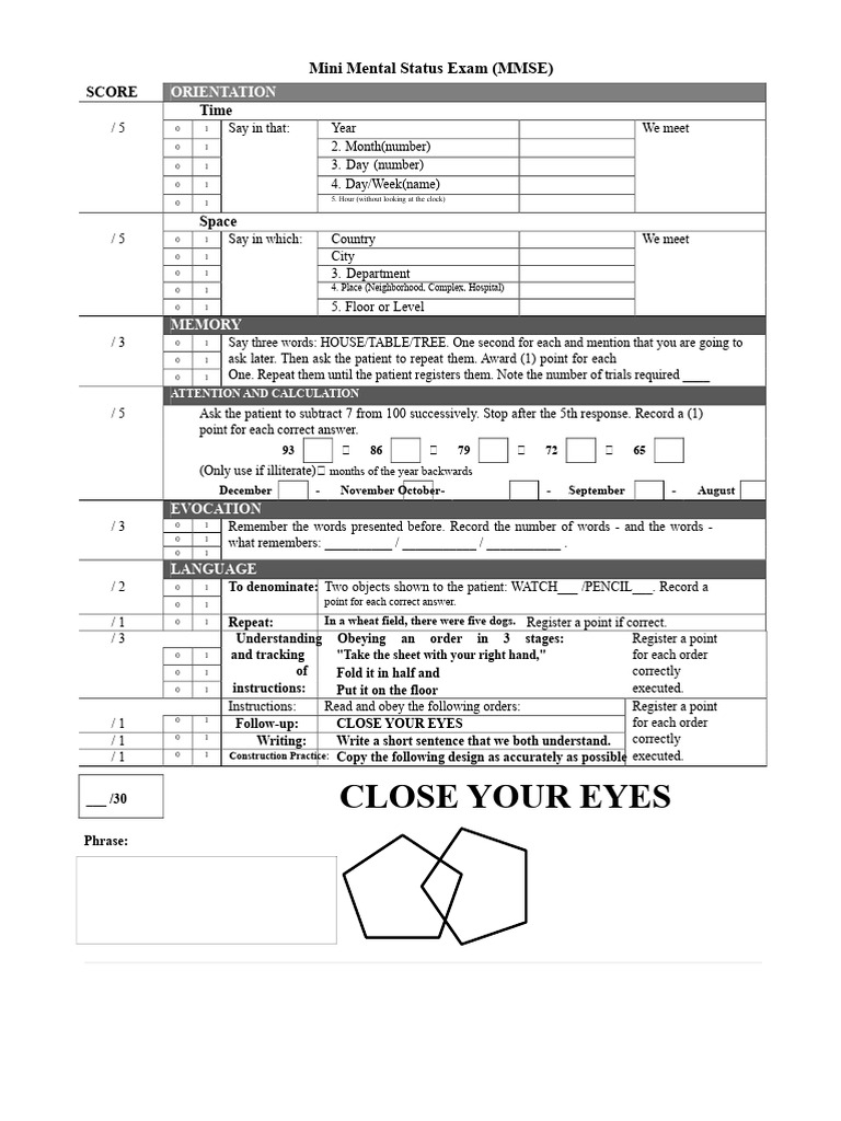 Mini Mental Status Exam (MMSE) Test | PDF | Behavioural Sciences ...