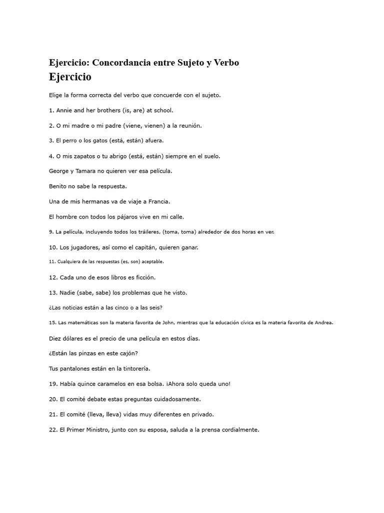 Ejercicio de Concordancia Sujeto Verbo | PDF | Asunto (gramática ...