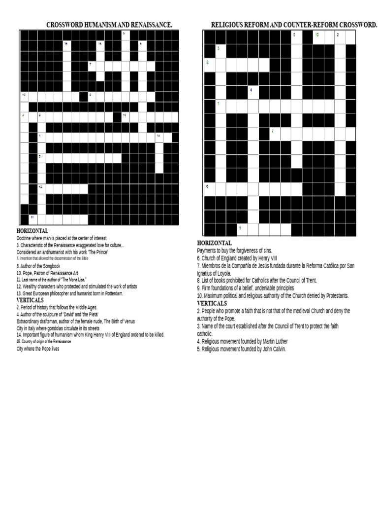 Renaissance and Reformation Crossword Puzzle | PDF | Protestantism ...