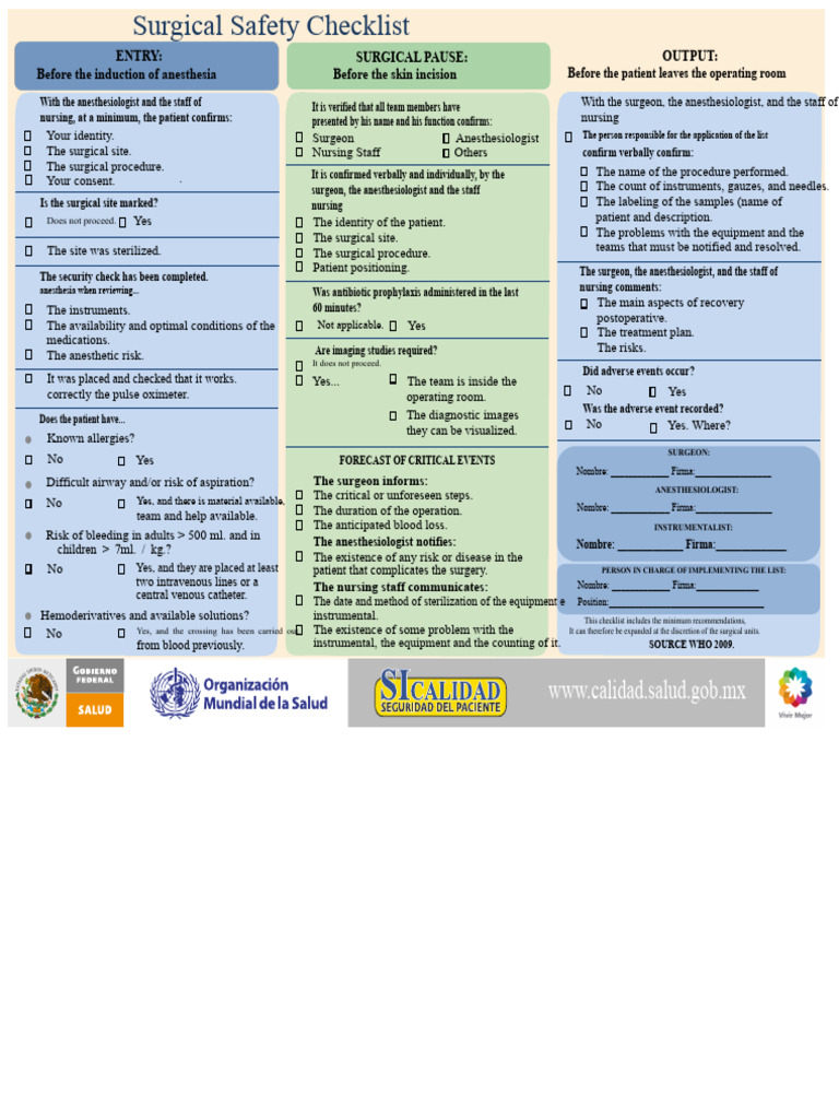 Essential Surgical Safety Checklist | PDF | Surgery | Anesthesia