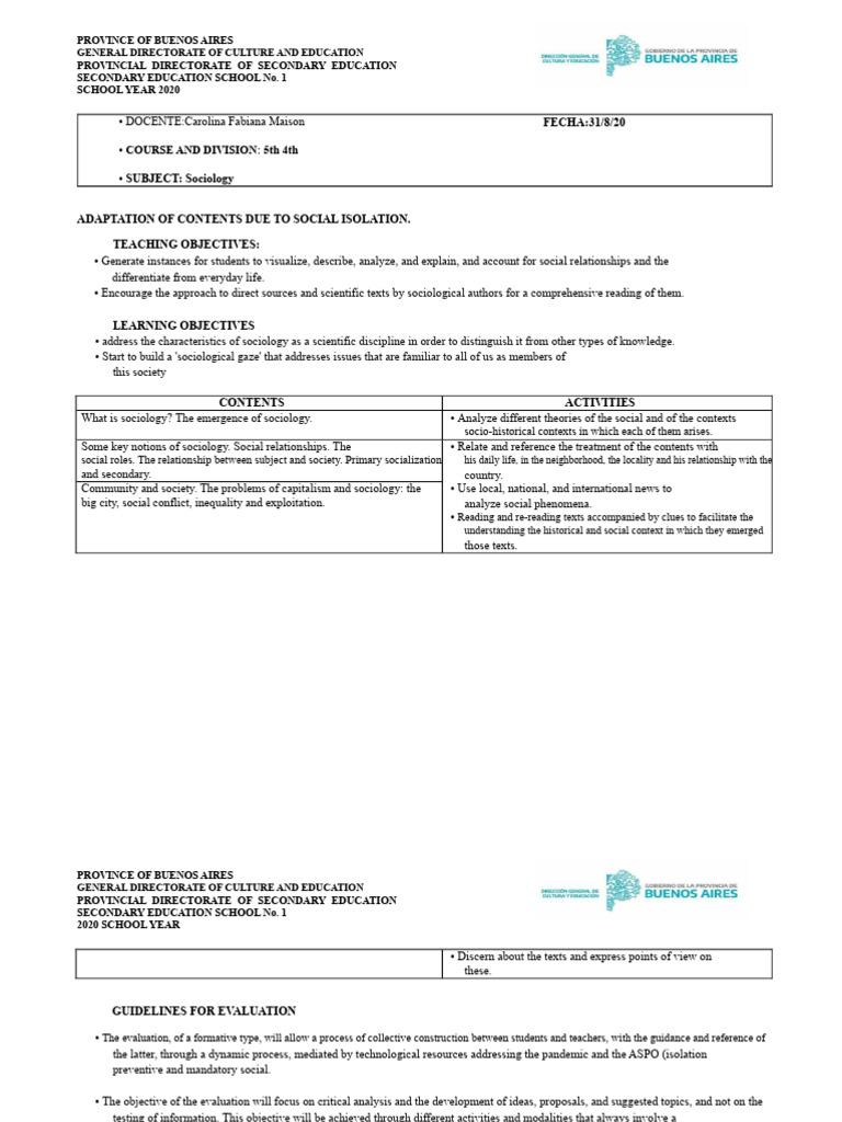 Sociology 5th 4th. - Pedagogical Continuity Plan Unit 1 | PDF ...