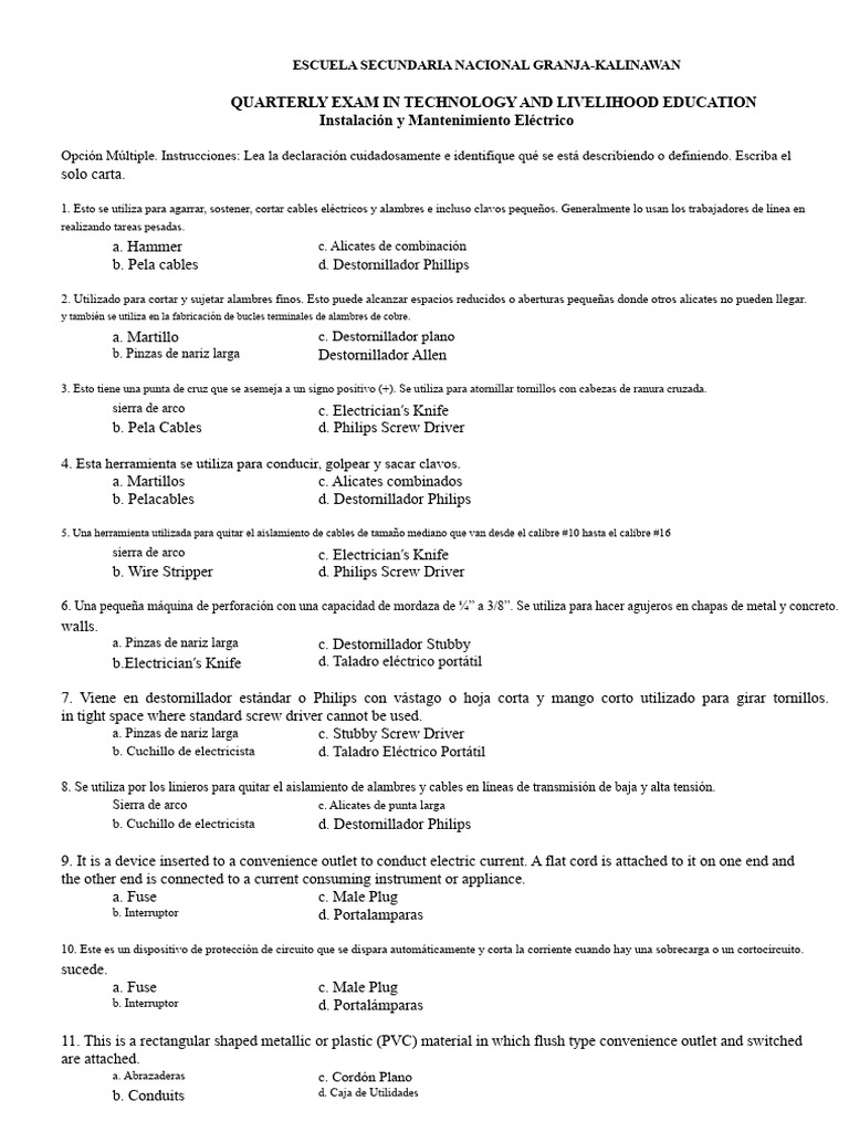 Examen Periódico en TLE EIM 7 | PDF | Enchufes y tomas de corriente alterna | Equipo eléctrico