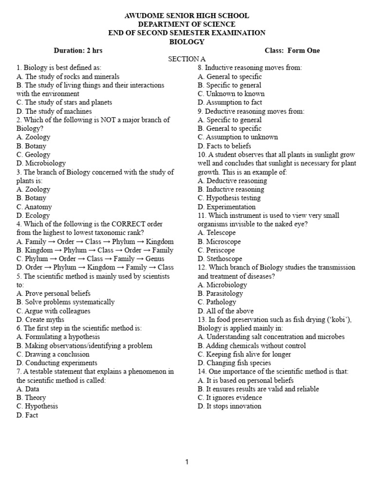 Form One End of Semi Exam | PDF | Scientific Method | Aquaculture