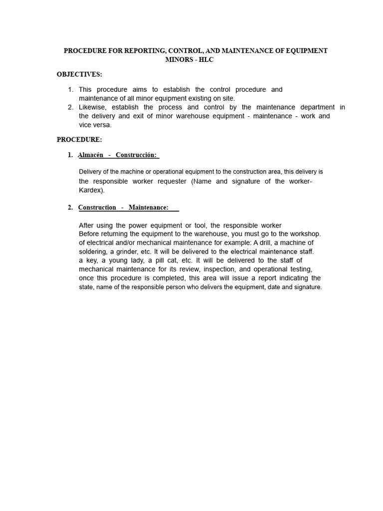 Control and Maintenance Procedure For Minor Equipment | PDF | Drill ...