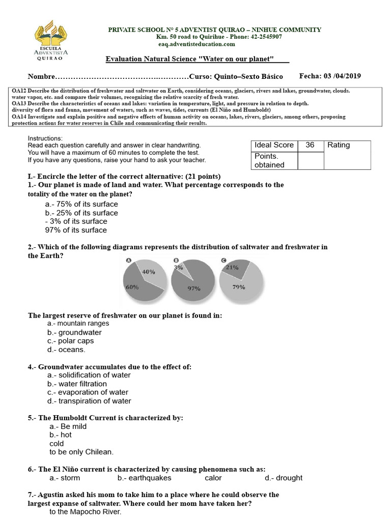 Water Distribution and Human Impact Test | PDF | Water | Oceans