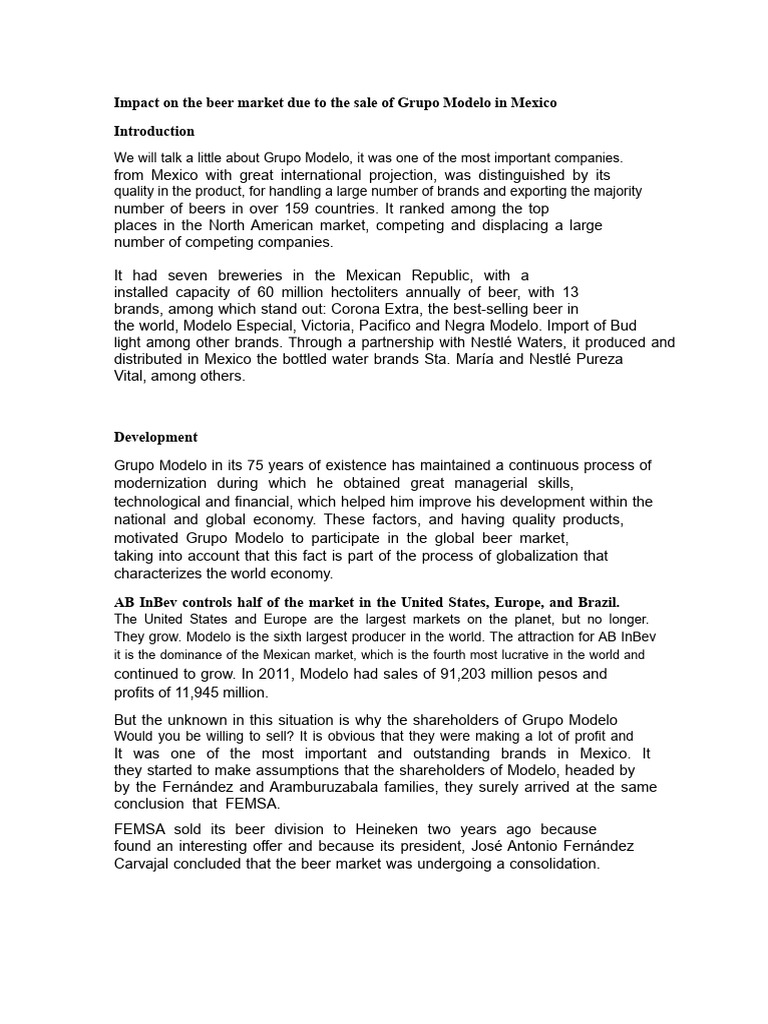 Modelo Group Essay | PDF | Malt Based Drinks | Brewing